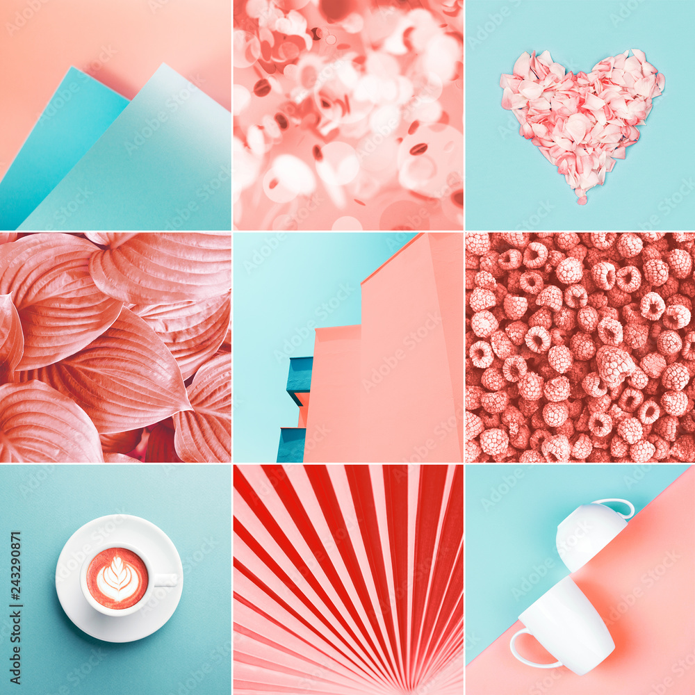 Collage made of nine photos in trendy coral color. Trendy color of 2019 ...