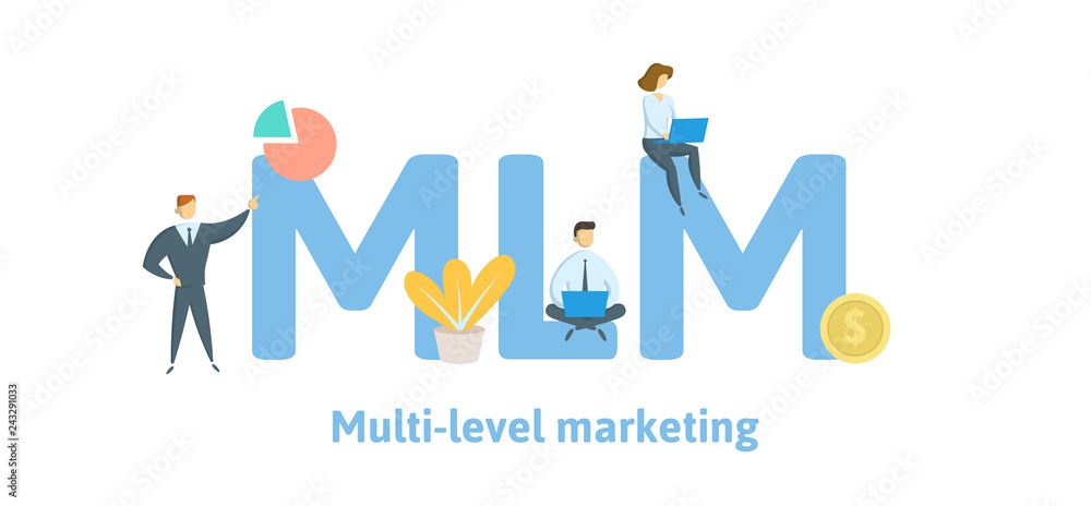 MLM, Multi Level Marketing. Concept with keywords, letters, and icons ...