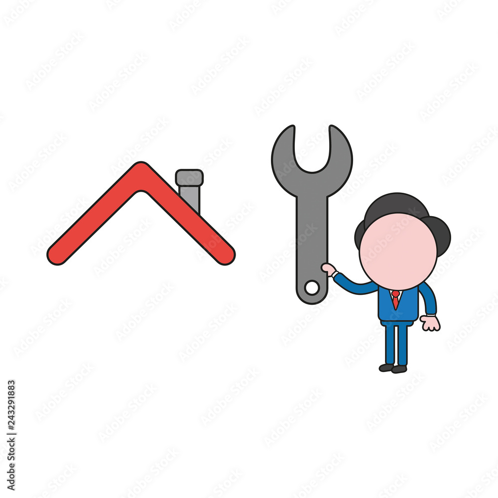 Vector illustration of businessman character holding spanner to house ...