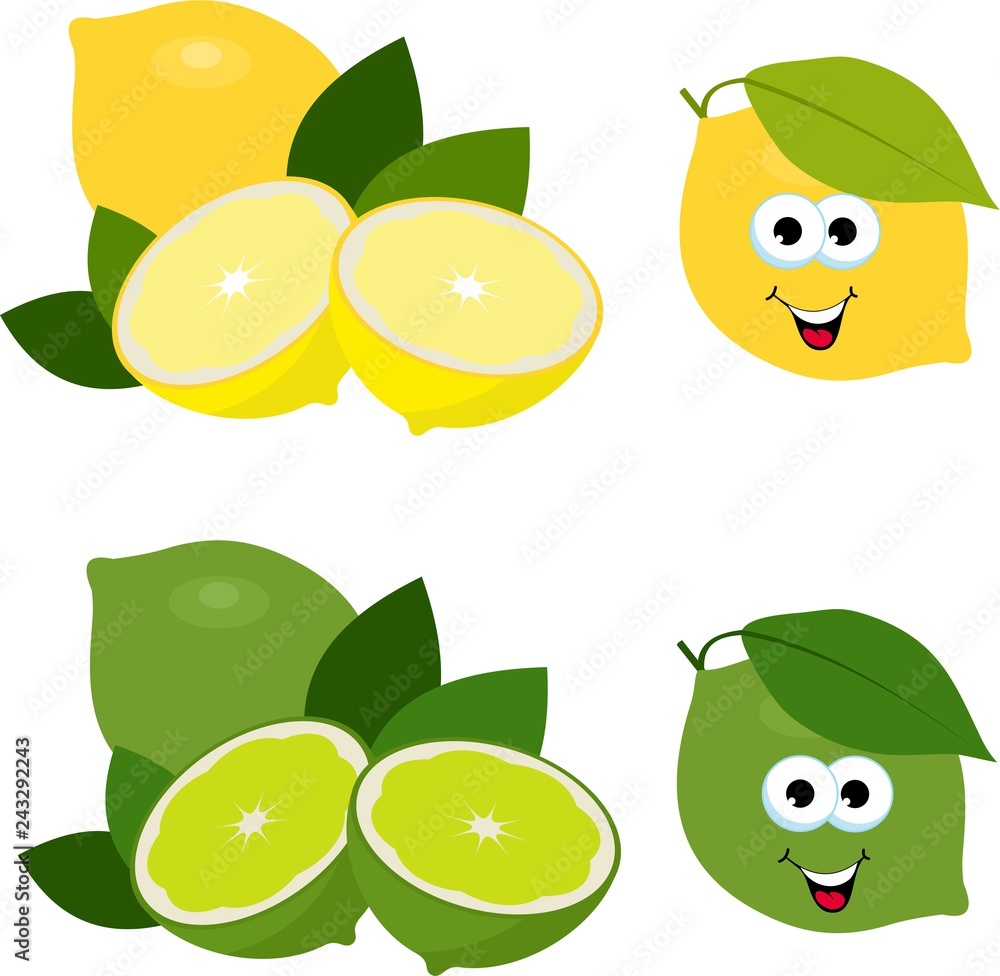 Citrus fruit. Fresh lemon and lime, collection of Raster illustrations ...