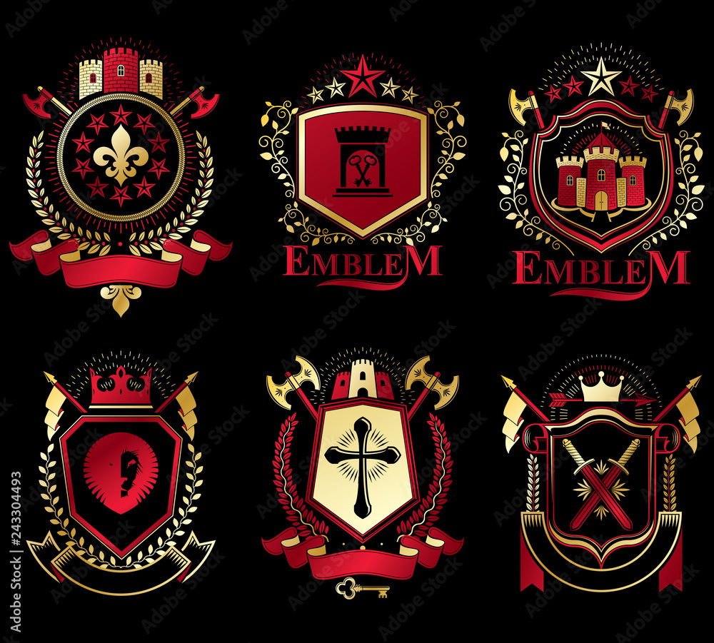 Set of old style heraldry vector emblems, vintage illustrations ...