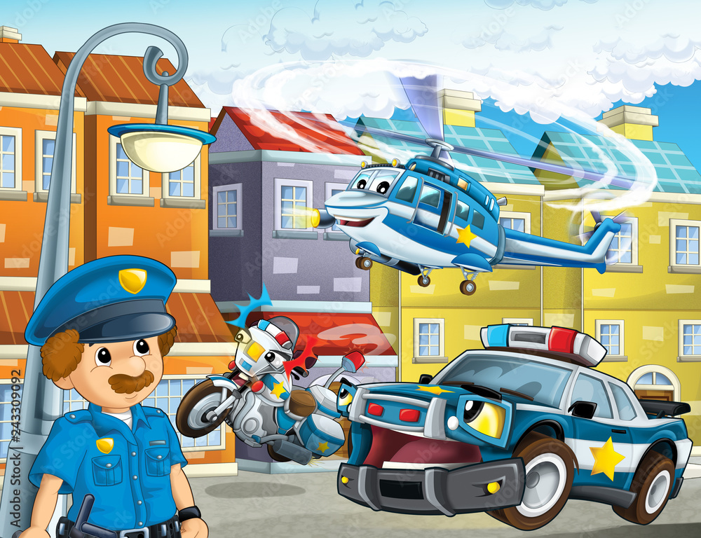cartoon scene with police car motor and helicopter flying and policeman ...