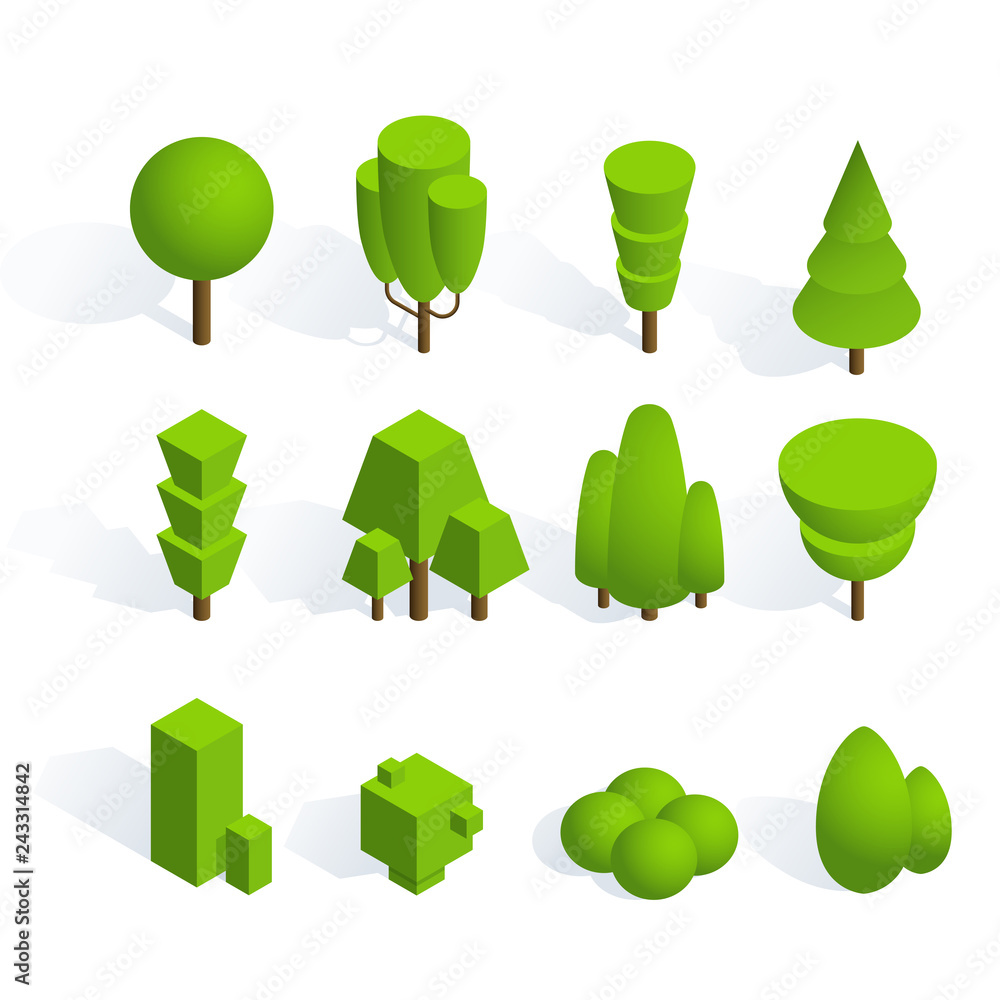 Set of isometric trees and bushes with shadow on white background ...