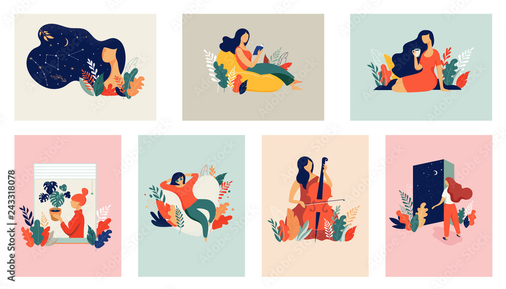 Feminine concept illustration, beautiful women in different situations ...