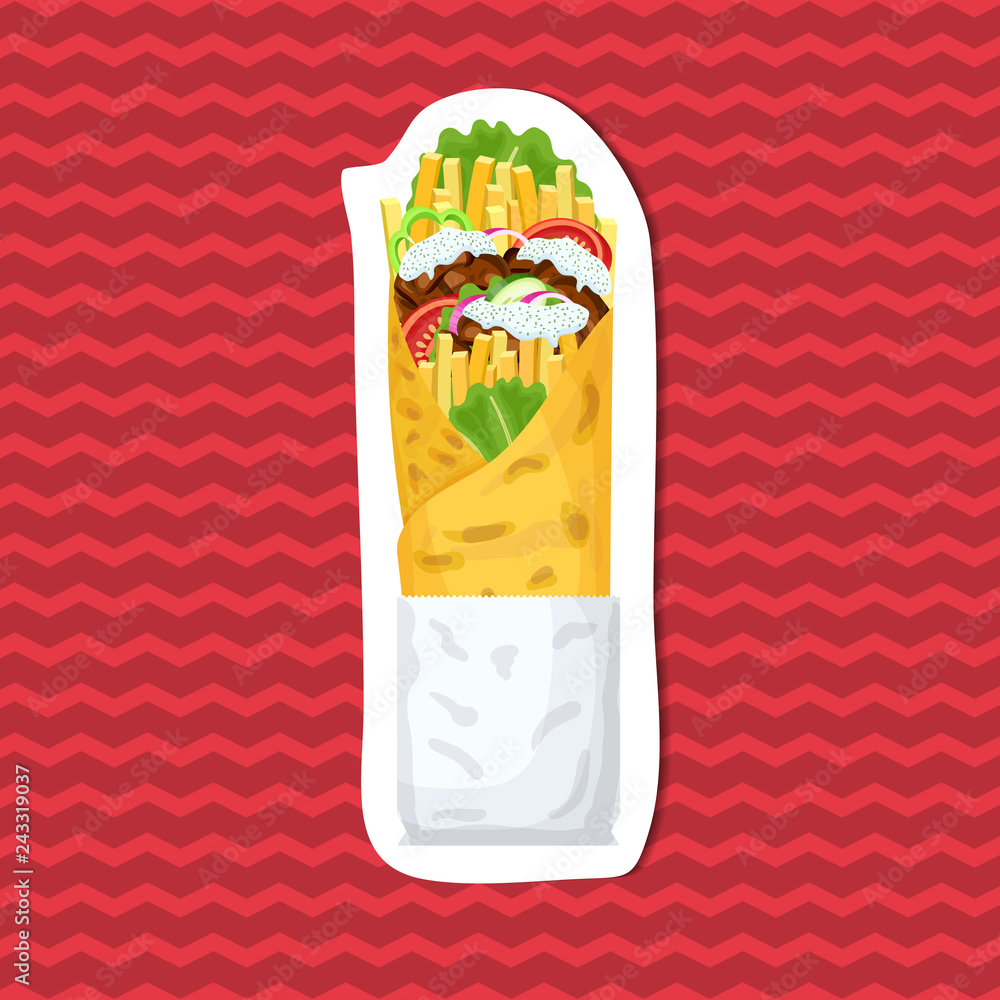 Vecteur Stock Delicious gyros sticker on red striped background ...