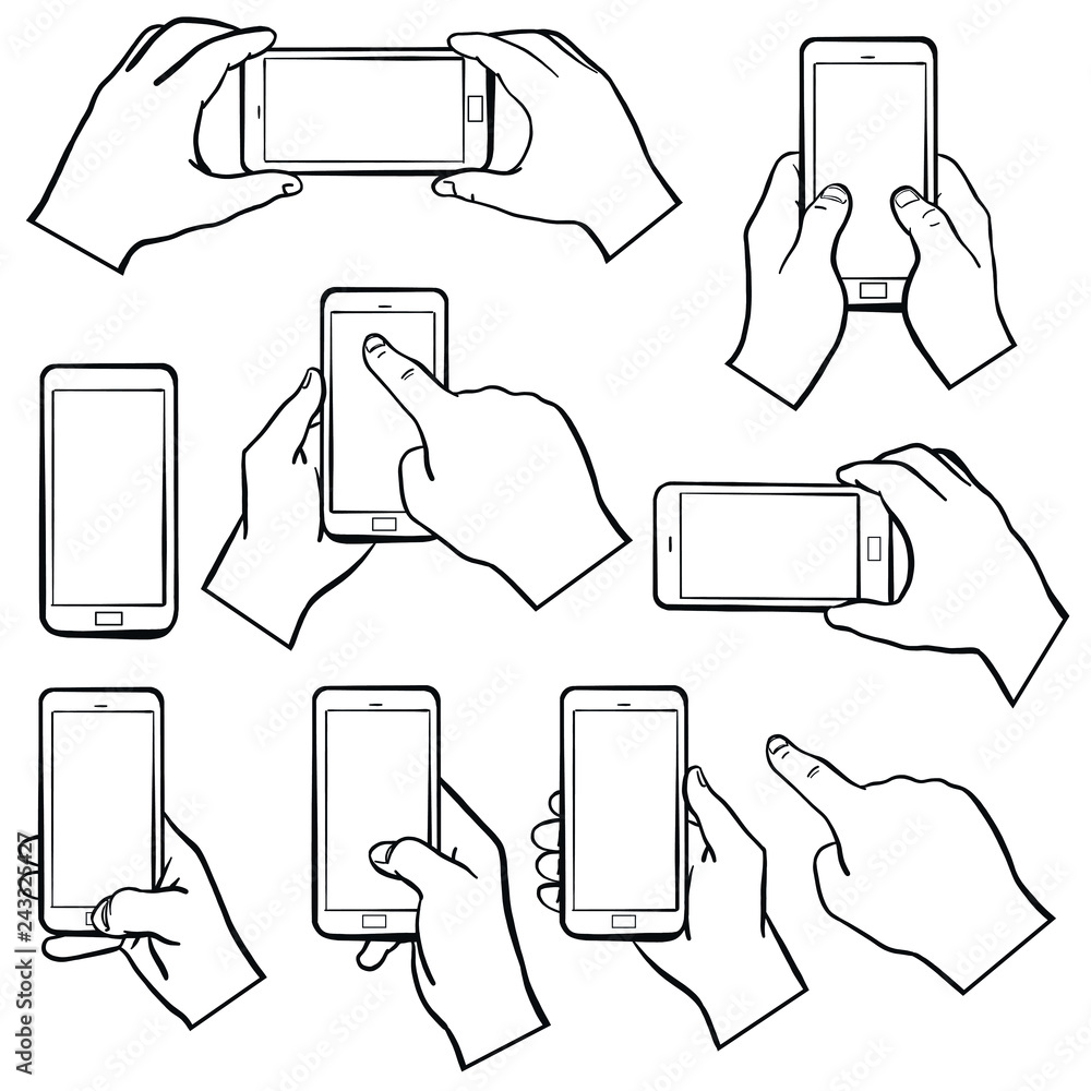 Collection of different hands holding a smartphone. Outline, photo ...