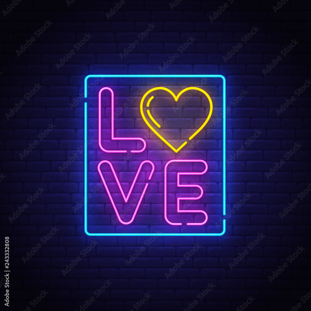 Love neon sign, bright signboard, light banner. Valentine's Day logo ...