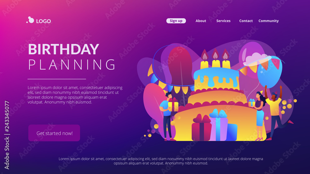 Happy people with gifts celebrating birthday at huge cake. Birthday ...