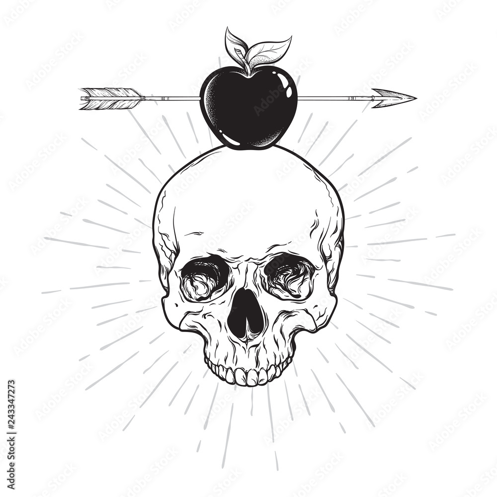 Human skull and apple pierced with arrow line art and dot work. Boho ...