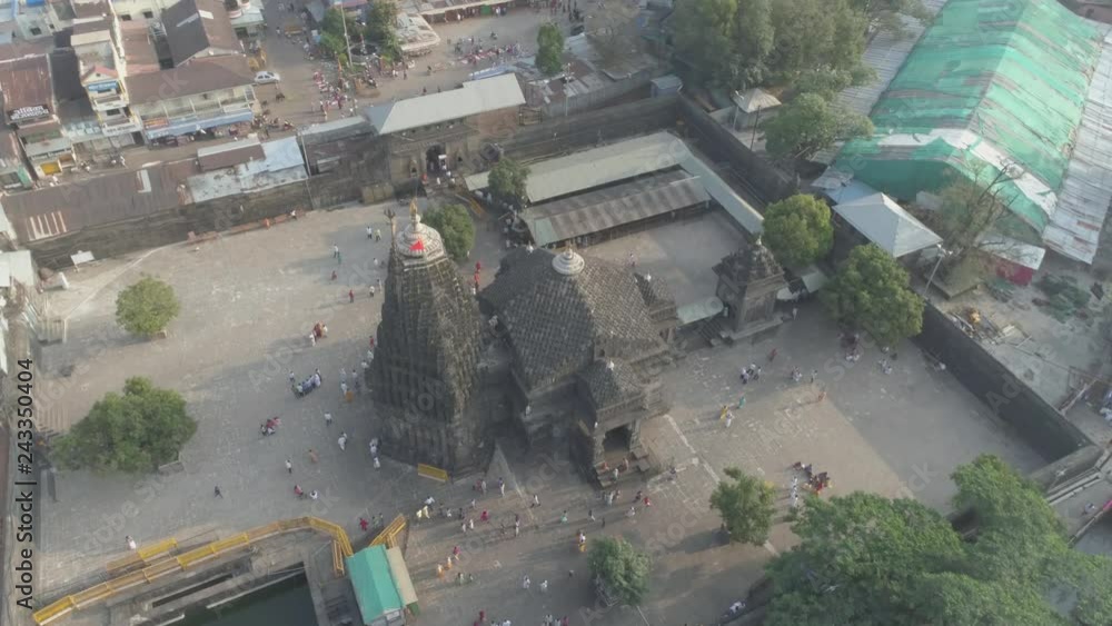 Aerial View of Trimbakeshwar Shiva Temple captured by drone camera. One ...