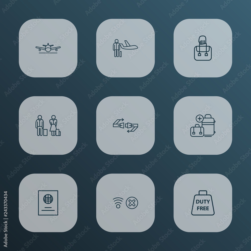 Travel icons line style set with extra baggage, no network, duty free ...