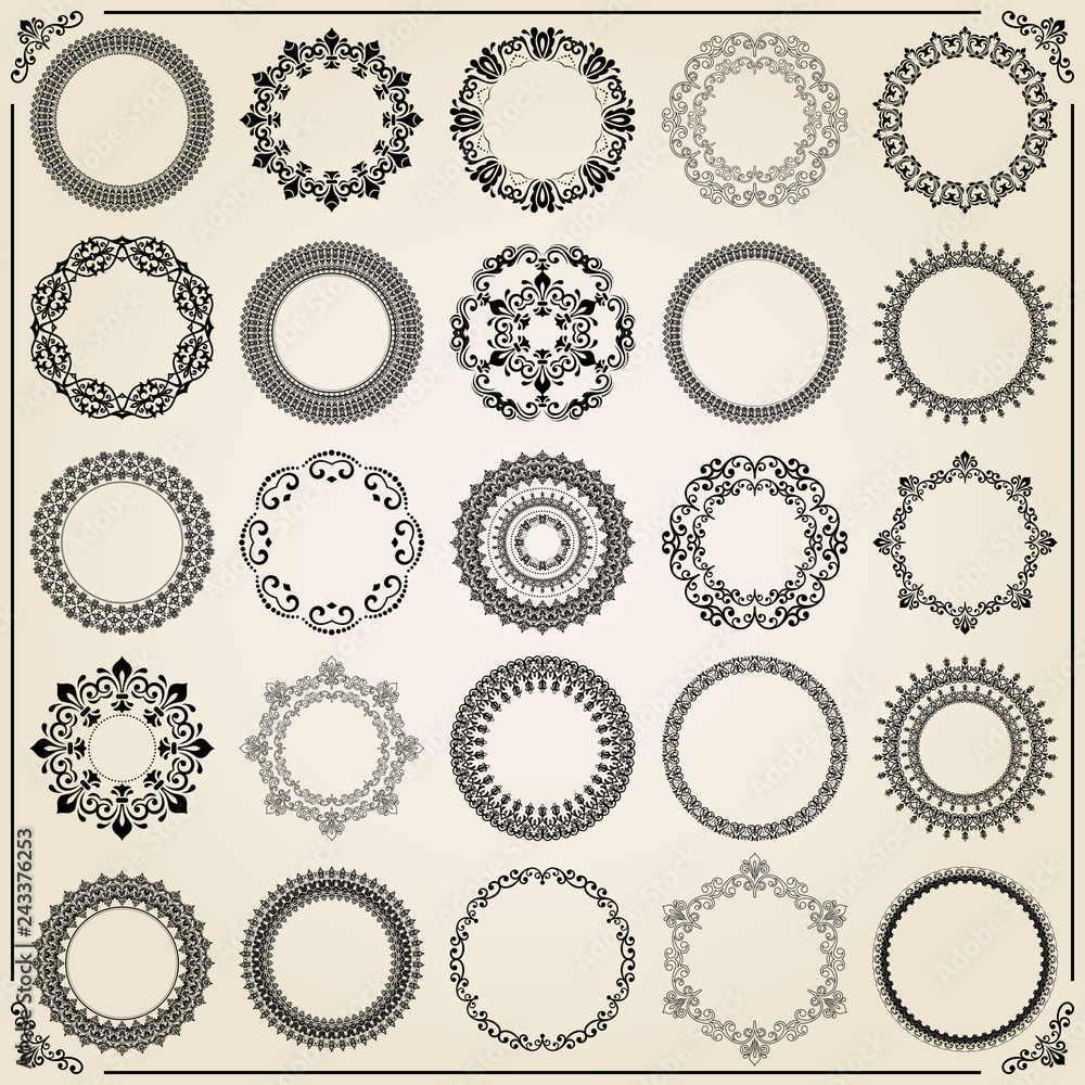 Vintage set of round elements. Different elements for decoration and ...