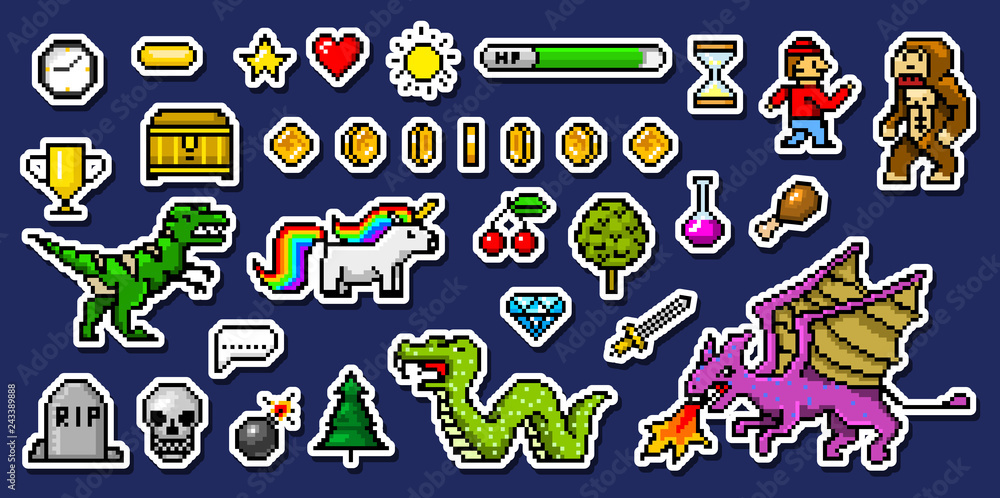Pixel art 8 bit objects. Retro game assets. Set of icons. vintage ...