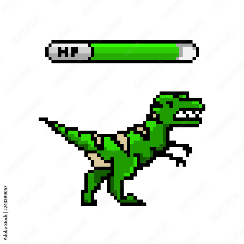 Pixel Dinosaur, art 8 bit objects. Retro game assets. Set of icons ...