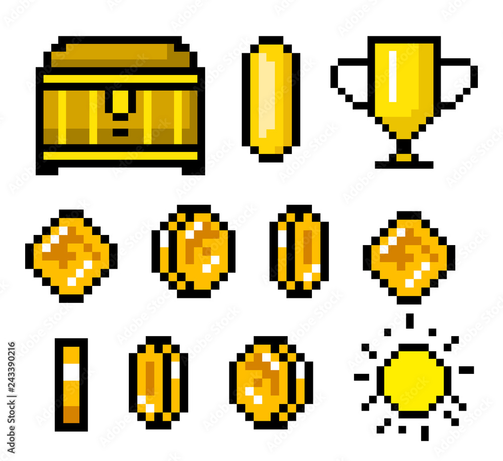Pixel art 8 bit objects. Retro game assets. Set of icons. vintage ...