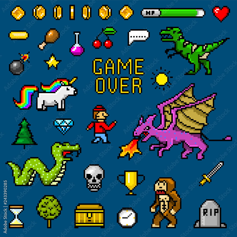 Pixel art 8 bit objects. Retro game assets. Set of icons. Vintage ...