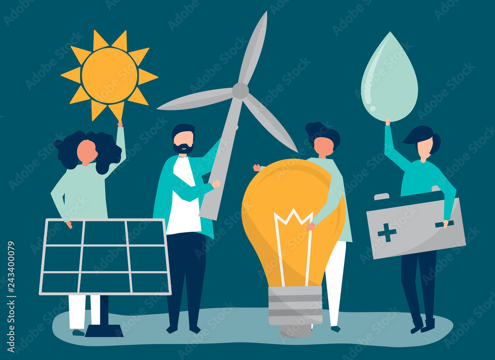 Characters of people holding green energy icons Stock Vector | Adobe Stock