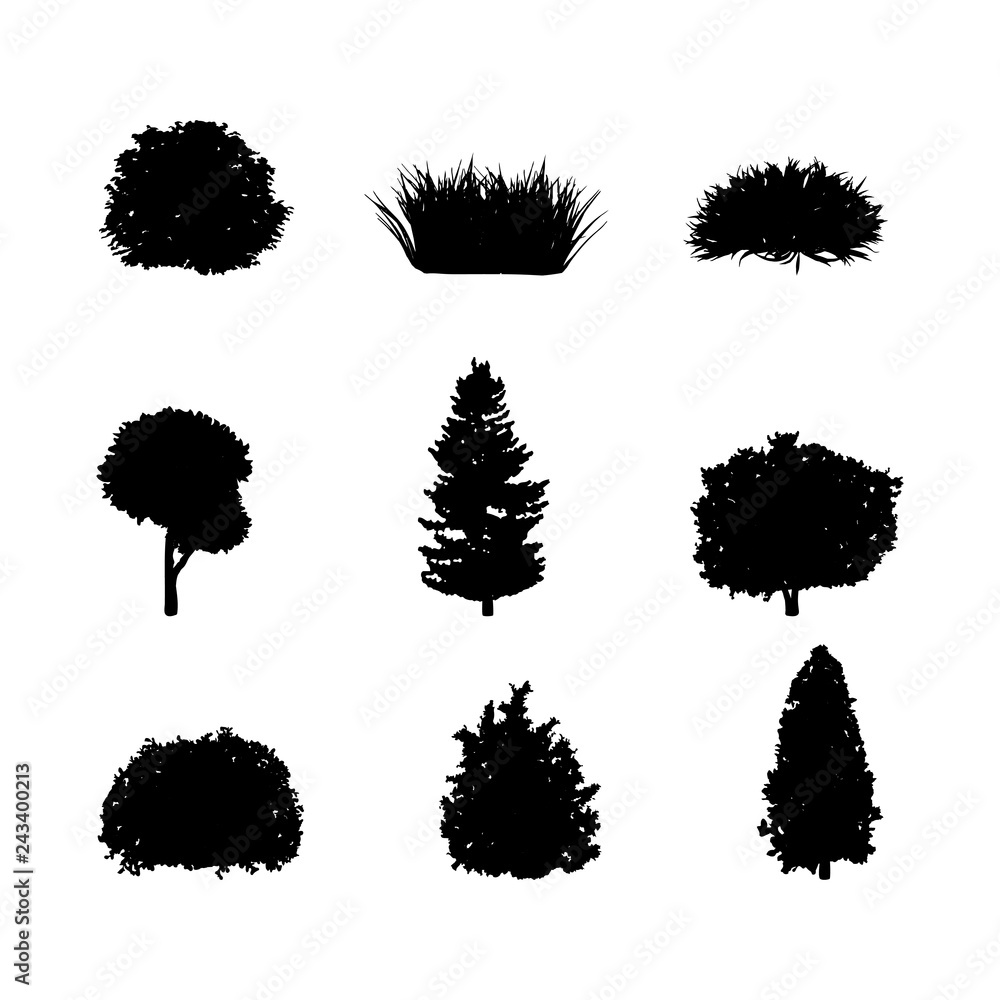 Collection of tree and shrub silhouettes vector Stock Vector | Adobe Stock
