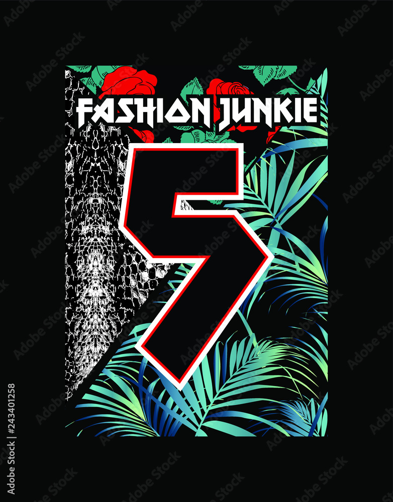 Fashion Junkie text with palm leaves, snake skin texture and red roses ...