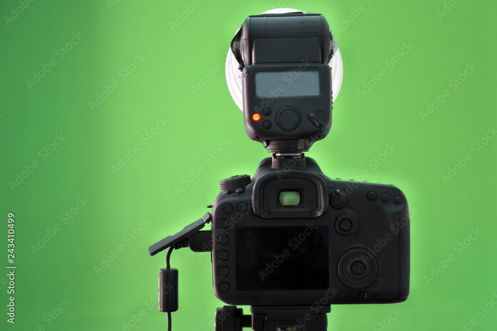 Photographer Camera and Flash against Green Screen Background Stock ...