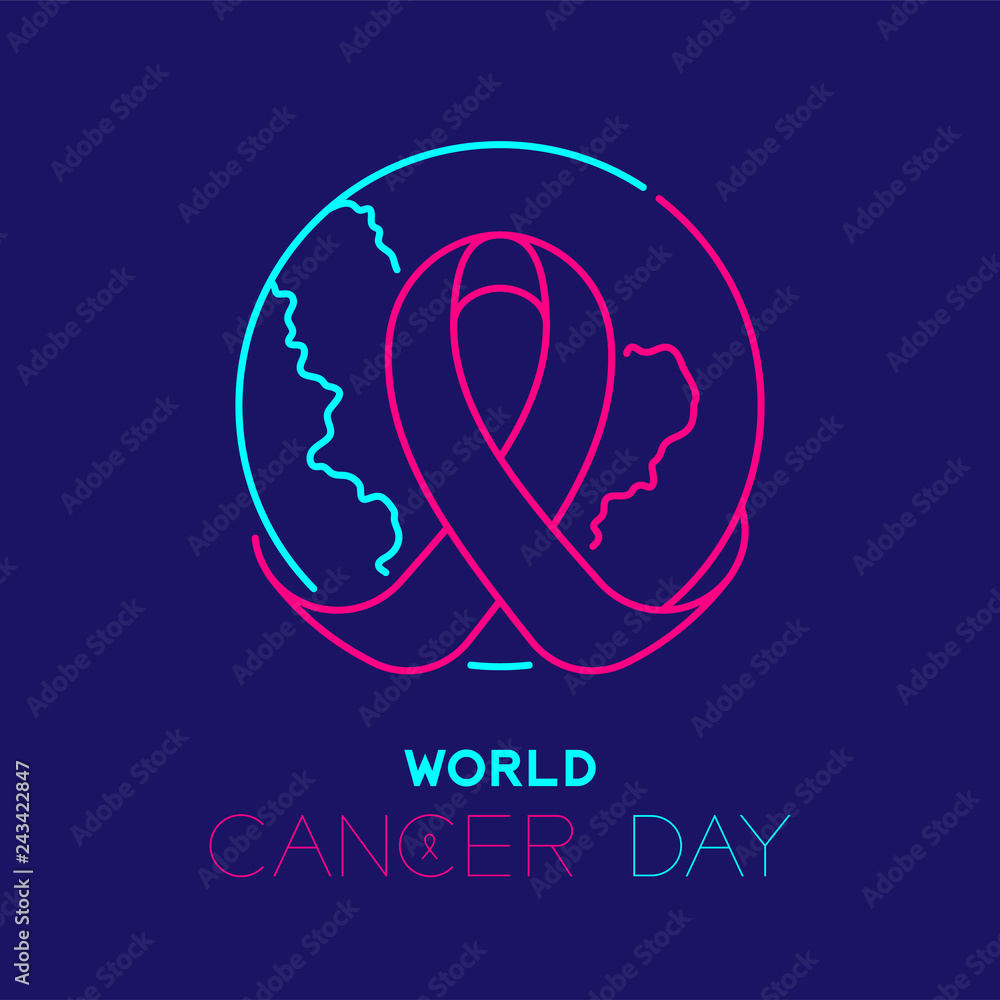 World cancer day logo icon outline stroke set dash line design, ribbon ...