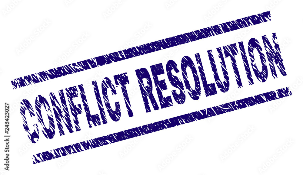 CONFLICT RESOLUTION seal print with distress style. Blue vector rubber ...