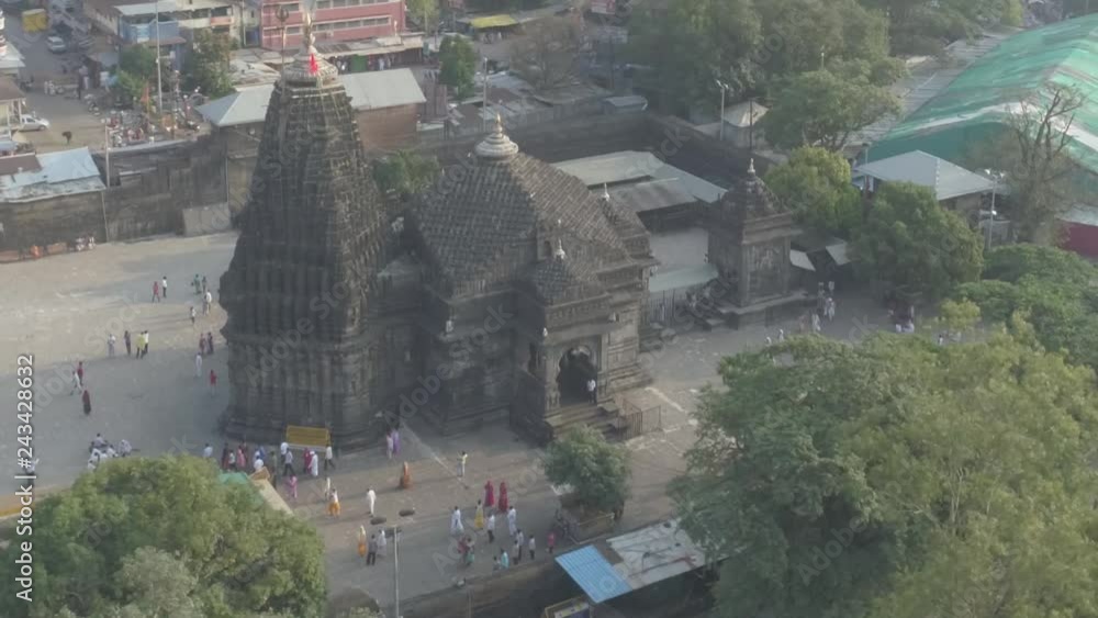 Aerial View of Trimbakeshwar Shiva Temple captured by drone camera. One ...