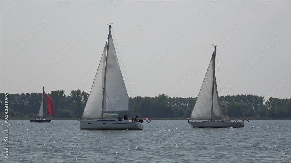 Low angle footage of two sloops racing each other on quiet lake ...