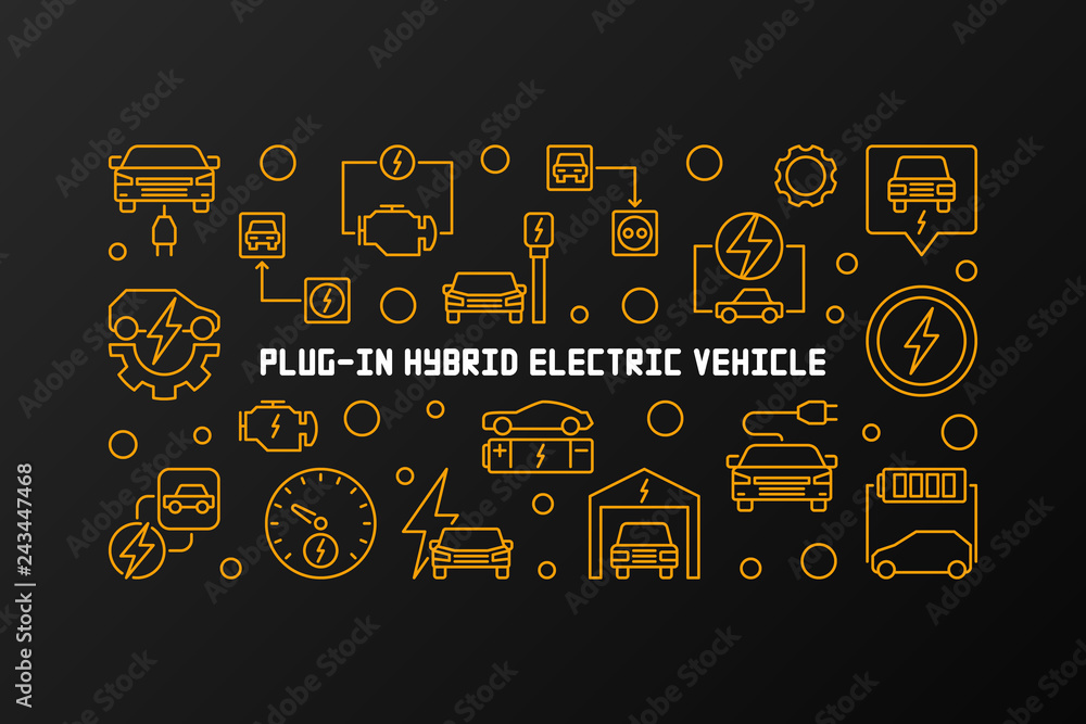 Plug-in hybrid electric vehicle vector horizontal illustration in thin ...