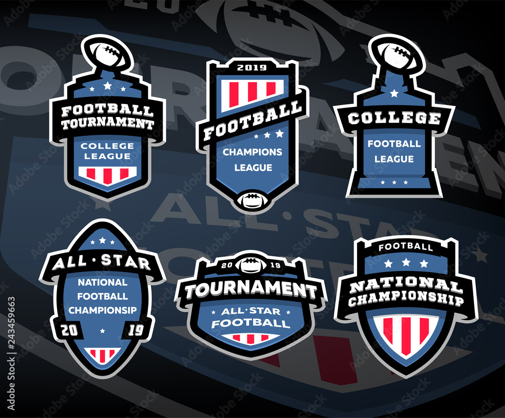 Set of American football logos, emblems, labels on a dark background ...