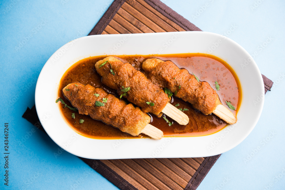 Soya Chaap Curry served in a bowl. Healthy recipe popular in India and ...