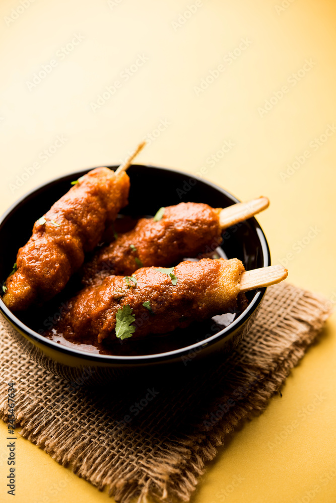 Soya Chaap Curry served in a bowl. Healthy recipe popular in India and ...