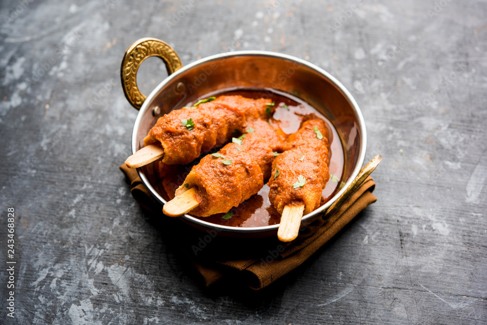 Soya Chaap Curry served in a bowl. Healthy recipe popular in India and ...