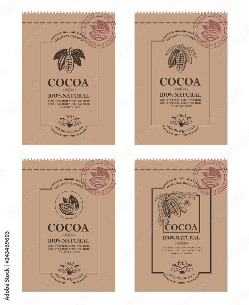 collection of packaging with cocoa beans, branch and leaves Stock ...