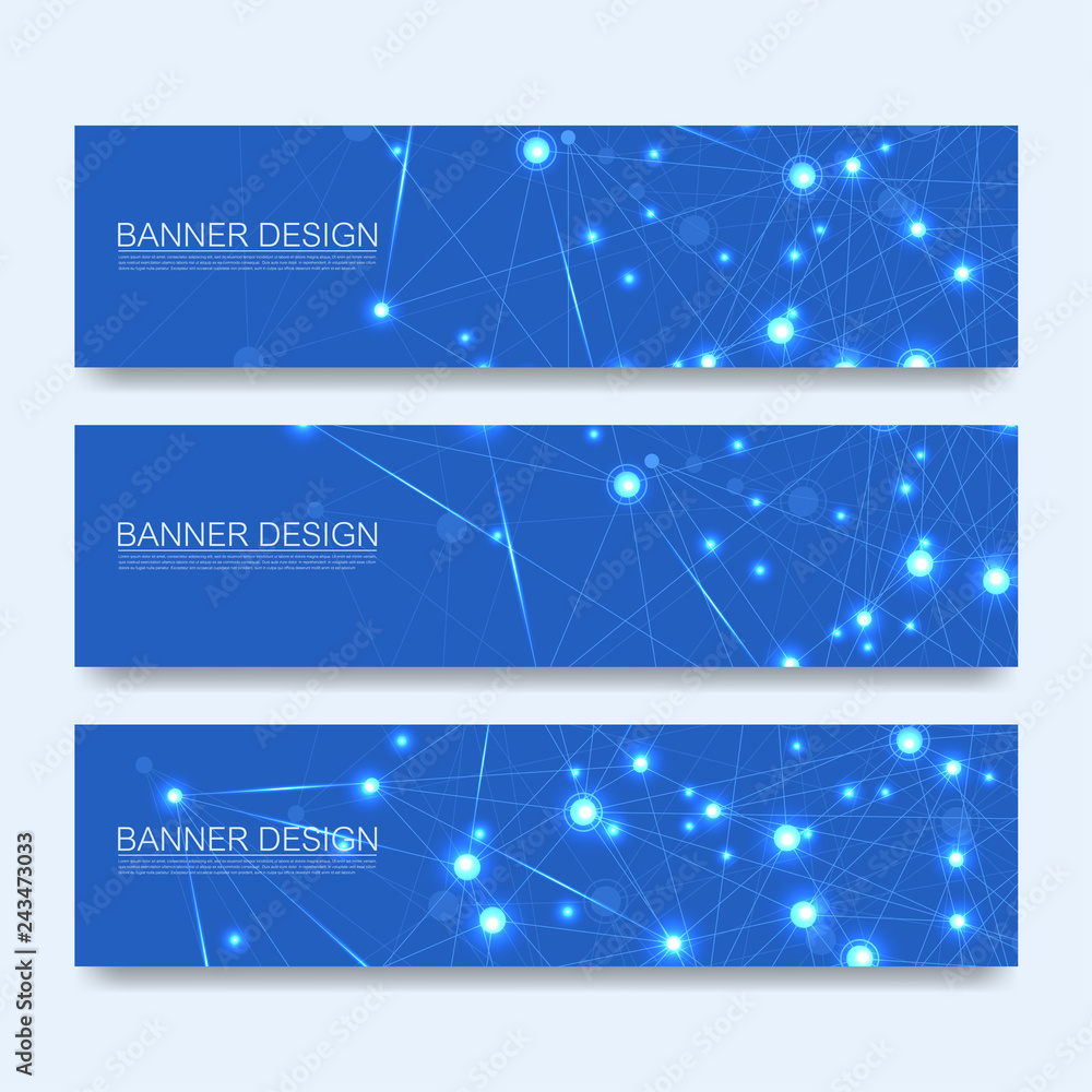 Abstract molecules banners set with lines, dots, circles, polygons ...