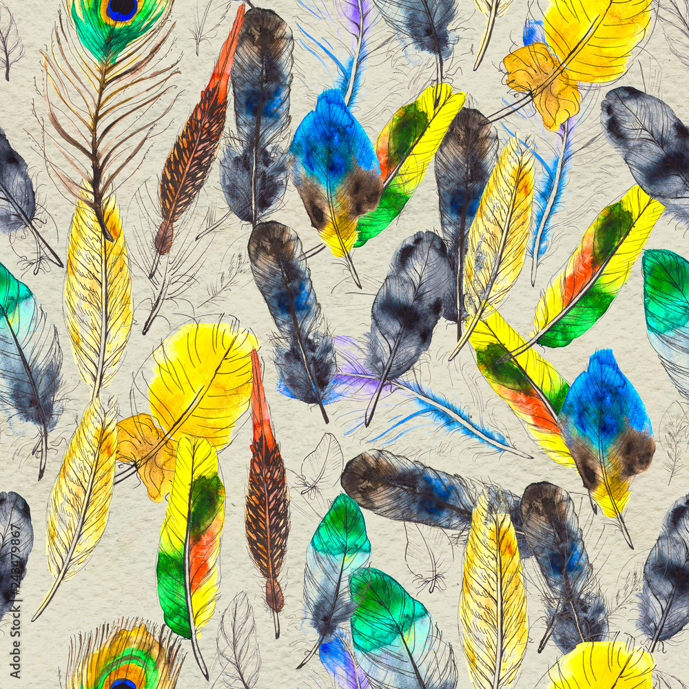Watercolor feathers seamless pattern. Hand painted texture wall mural ...