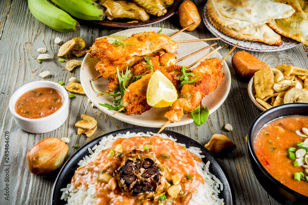 West african food concept. Traditional Wset African dishes assortment ...