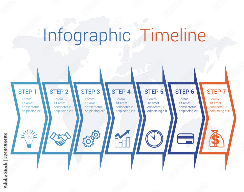 Timeline Infographic arrows on map numbered for 7 positions can be used ...