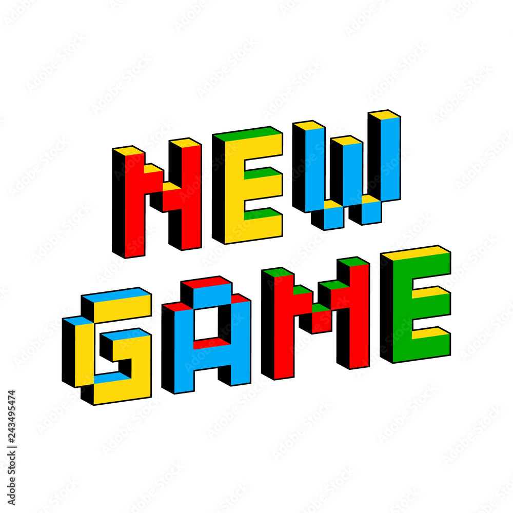 New Game text in style of old 8-bit video games. Vibrant colorful 3D ...