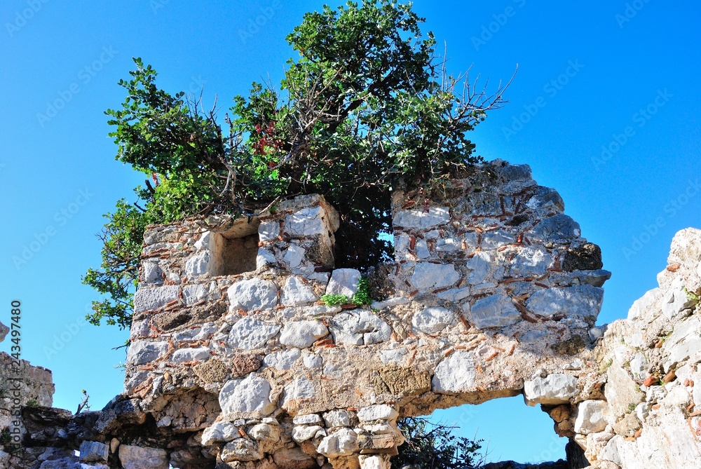 Ruins of an ancient Hydas castle on the Sarıkaya Hill above Selimiye ...