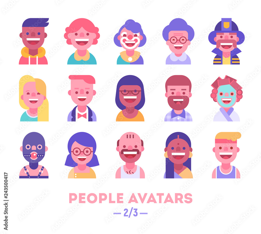 Set of vector avatars. Different skin tones, clothes and hair styles ...