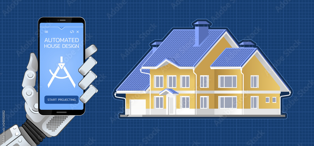 Automated House Design. Mechanical hand of a robot holding smartphone ...