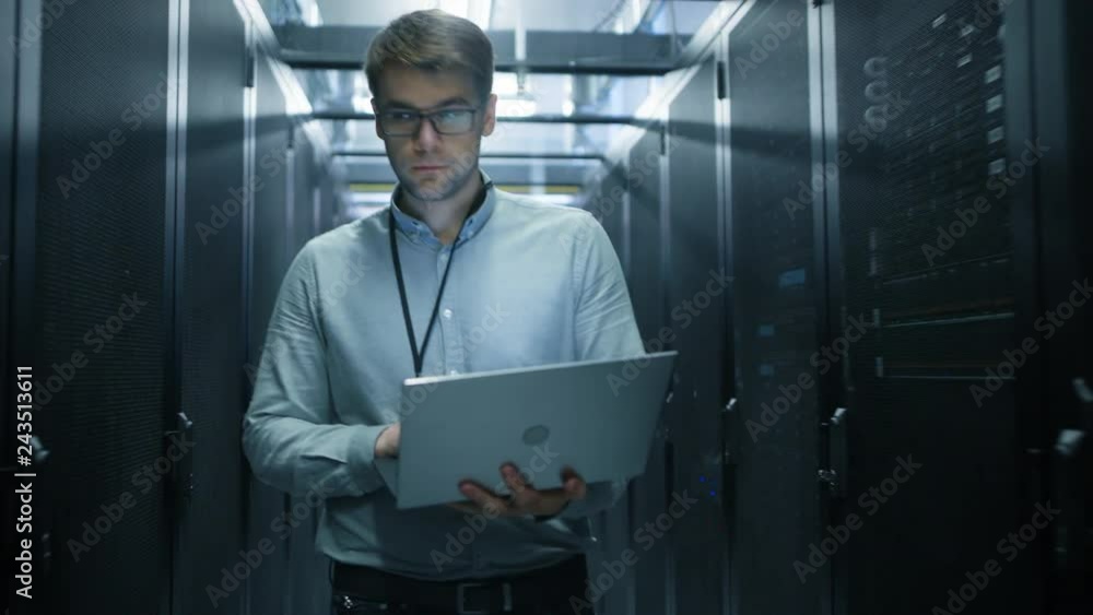 Walking Through Data Center IT Engineer Stops Before Working Server ...