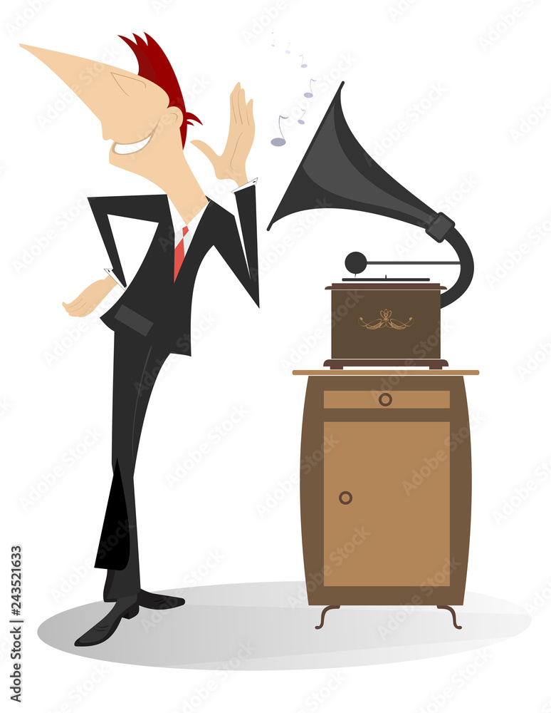 Man, music and vintage record player isolated illustration. Smiling man ...