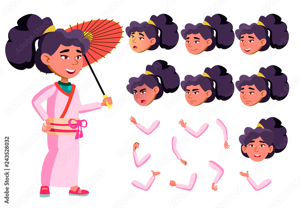 Asian Teen Girl Vector. Teenager. With Umbrella. Emotional, Pose. Face ...