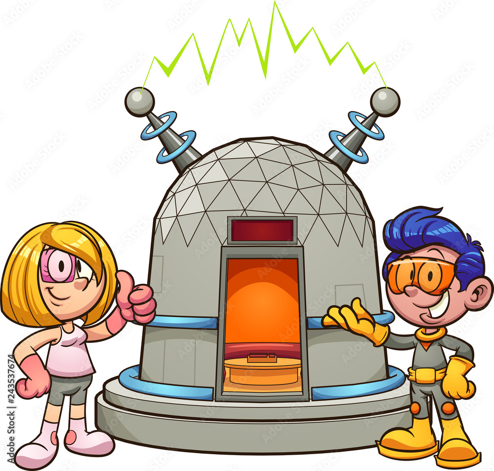 Cartoon girl and boy wearing retro futuristic clothes showing a time ...