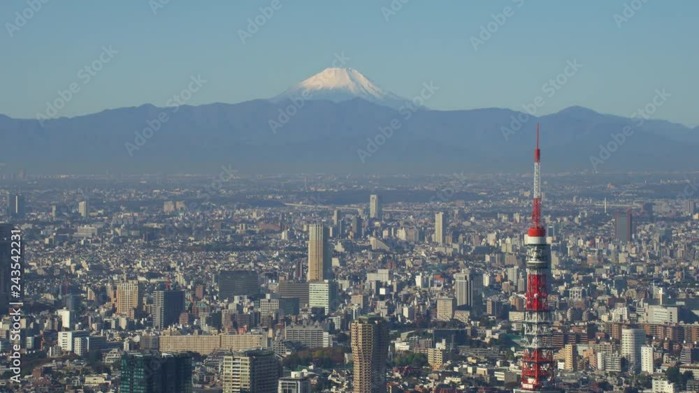 Tokyo, Japan circa-2018. Flying over Tokyo with view of Tokyo Tower and ...