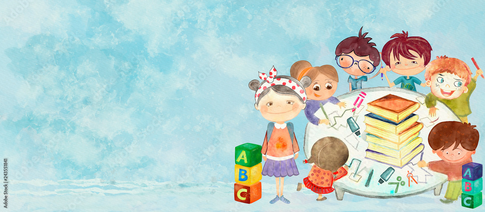 Watercolor school children. Education concept Stock Illustration ...