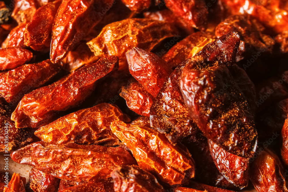 Dried red chili peppers, type pipi piri or capsicum frutescens macro ...