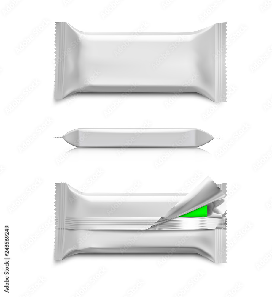 Realistic flow package mockups. Vector illustration isolated on white ...